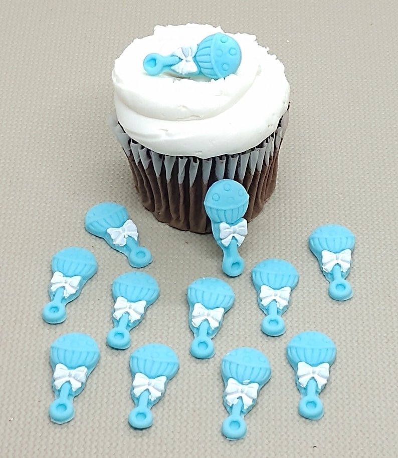 Baby Rattle Fondant Cupcake Toppers 12 Blue Pink Cake Decorations ...