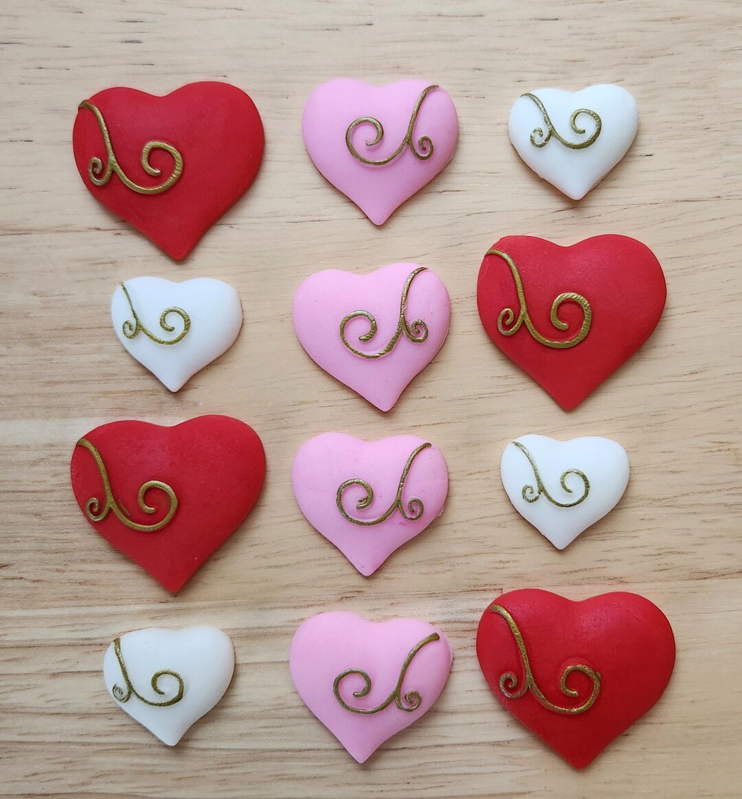 Hearts Fondant Cupcake Toppers 12 Red Pink White Edible Cake ...