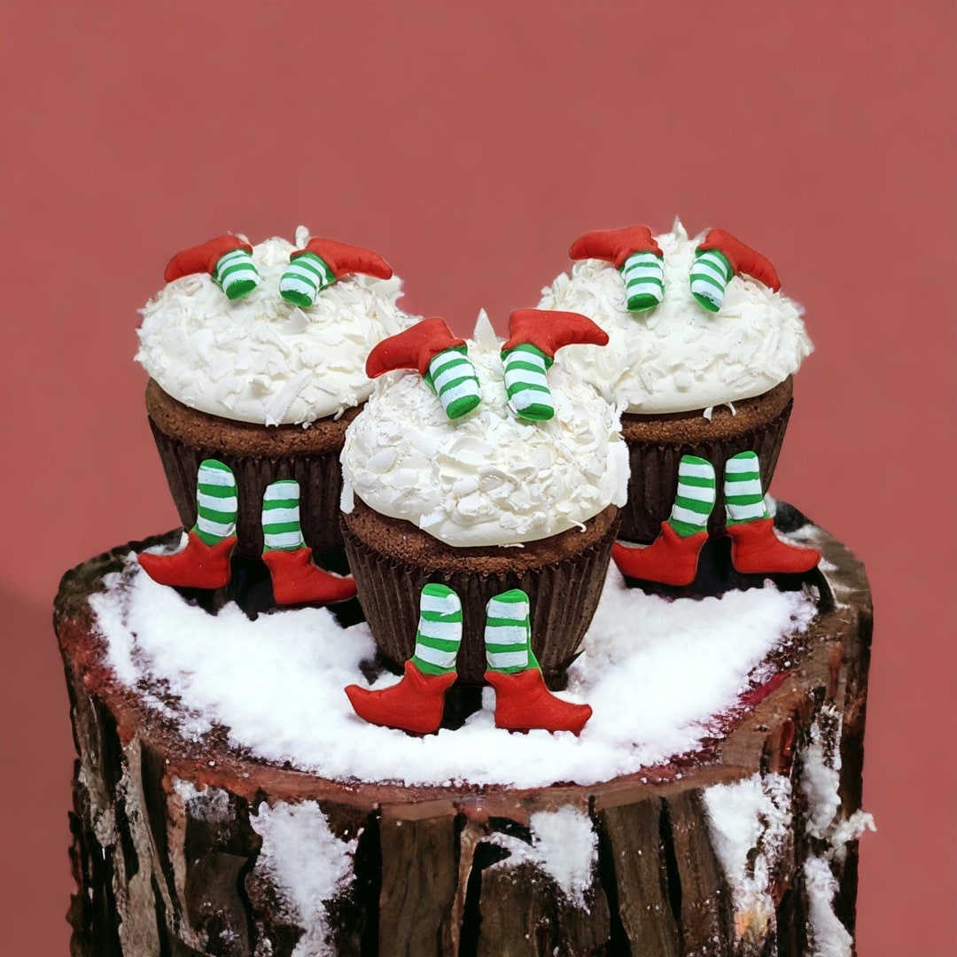 Elf Legs Fondant Cupcake Toppers 12 Red Green Stripe Cake Cookies ...