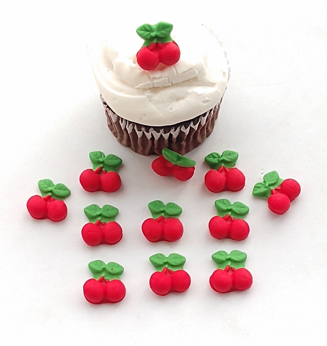 Cherries Fondant Cupcake Toppers 12 Cake Decorations Edible Fruit Red ...