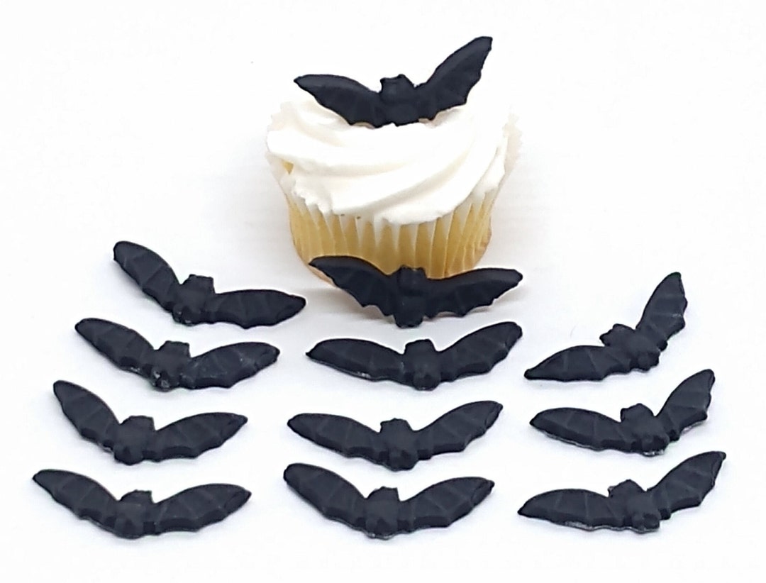 Bats Halloween Fondant Cupcake Toppers 12 Black Cake Decorations Edible ...