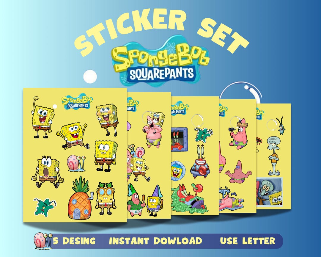 Spongebob Sticker Pack 39 Unique Stickers 5-page Printable Set - Etsy