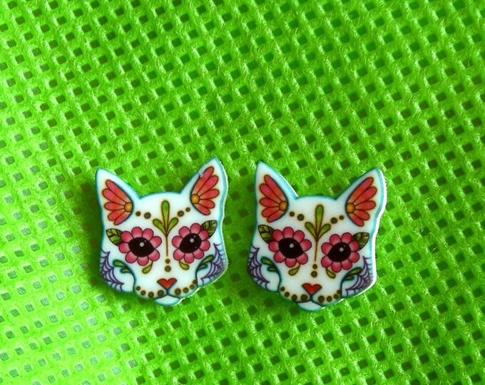 Day of the Dead Sugar Skull Kitty Cat Post Earrings - Etsy