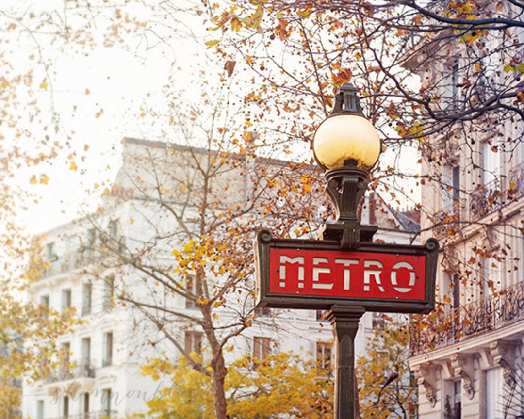 Paris Travel Photography, Metro Sign, Metropolitan, Fall, Autumn, Red ...