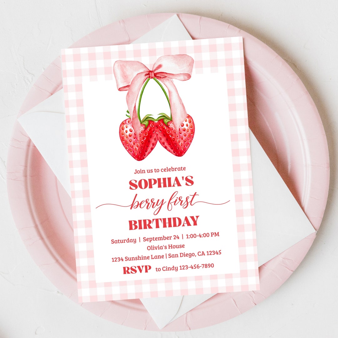 Berry First Birthday Invitation Template, Coquette Bow Berry 1st Modern ...