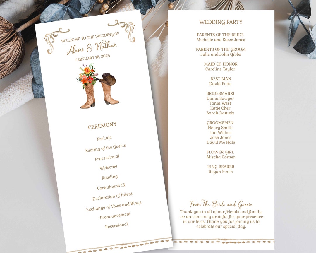 Orange Floral Cowboy Boots Wedding Ceremony Program, Rustic Western ...