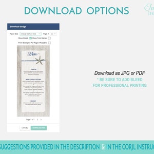 Starfish Dinner Menu, Beach Theme Menu, Destination Wedding Menu, Navy ...
