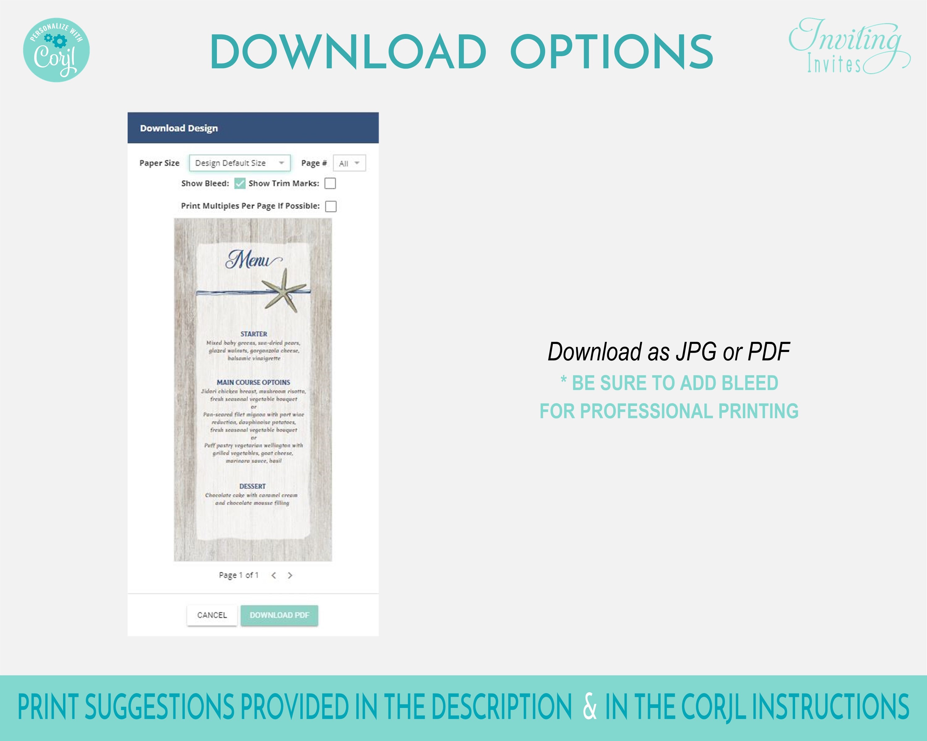 Starfish Dinner Menu, Beach Theme Menu, Destination Wedding Menu, Navy ...