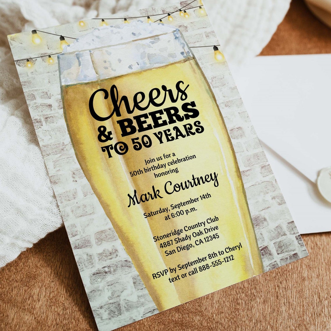 Cheers and Beer Birthday Invitation for Adult Man or Woman, Brewery ...