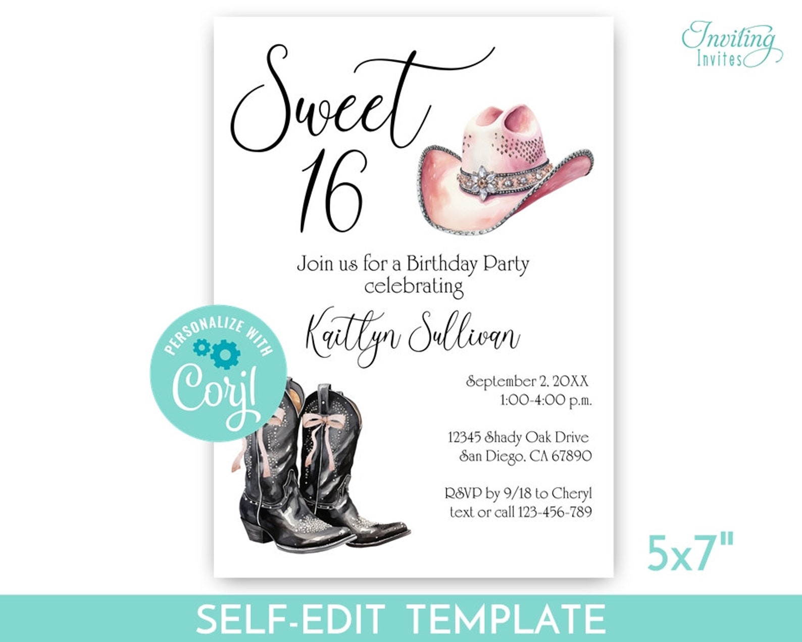 Sweet 16 Birthday Invitation Cowboy Cowgirl Boots Invite With Pink and ...