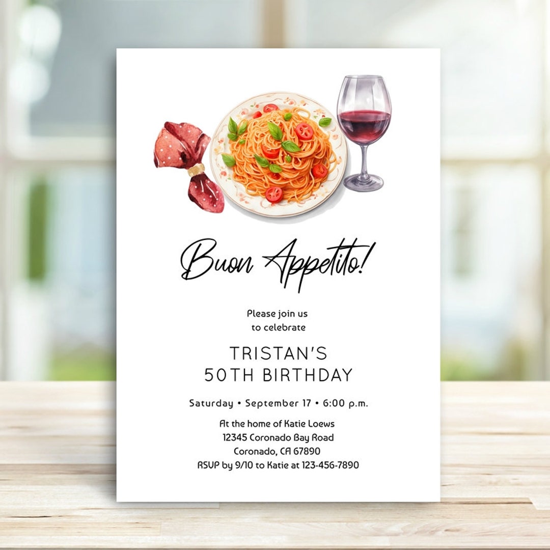 Italian Theme Birthday Party Invitation, Buon Appetito, Italy, Pasta ...