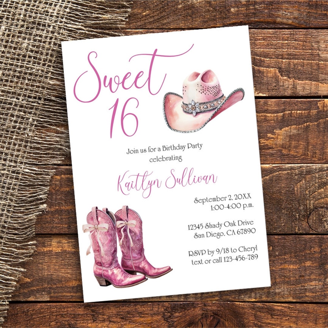 Sweet 16 Birthday Invitation Cowboy Cowgirl Boots Invite With Pink ...