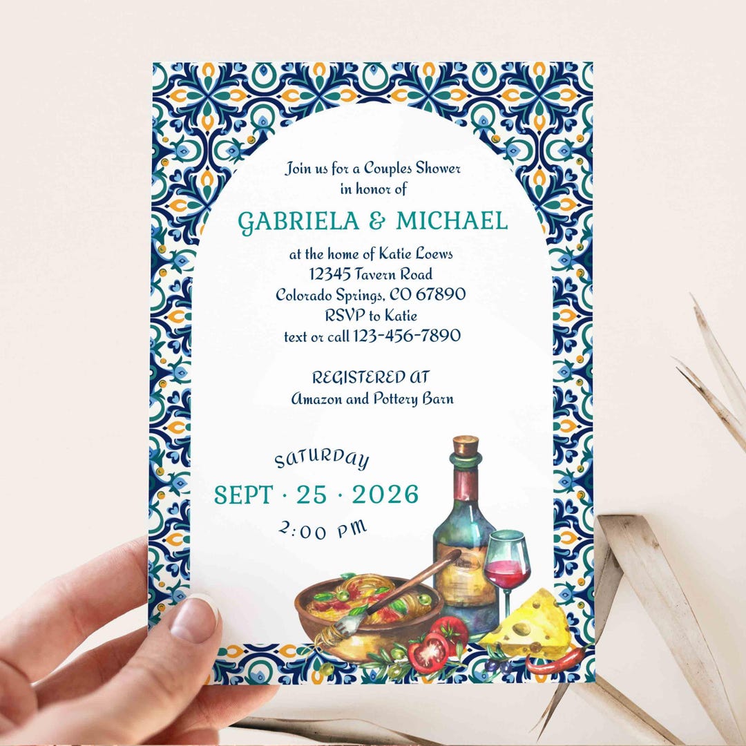 Italian Theme Bridal Shower Invitation, Pasta and Wine Mediterranean ...