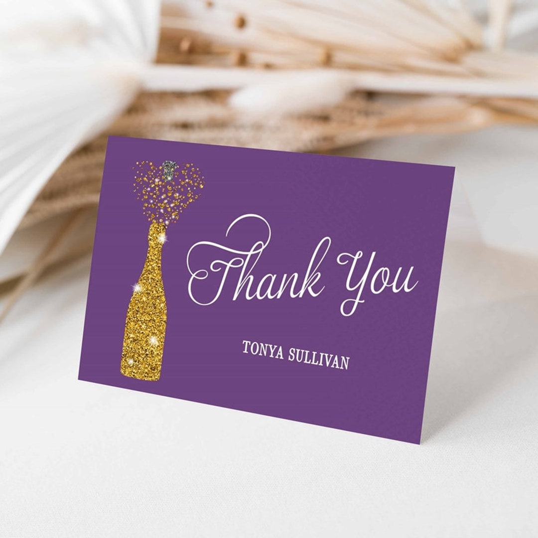 Purple Thank You Note Card, Pop the Champagne Theme, Faux Gold Glitter ...