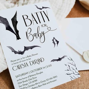 Batty for Baby Shower Invitation Set, Minimalist Hallween Theme Invite ...