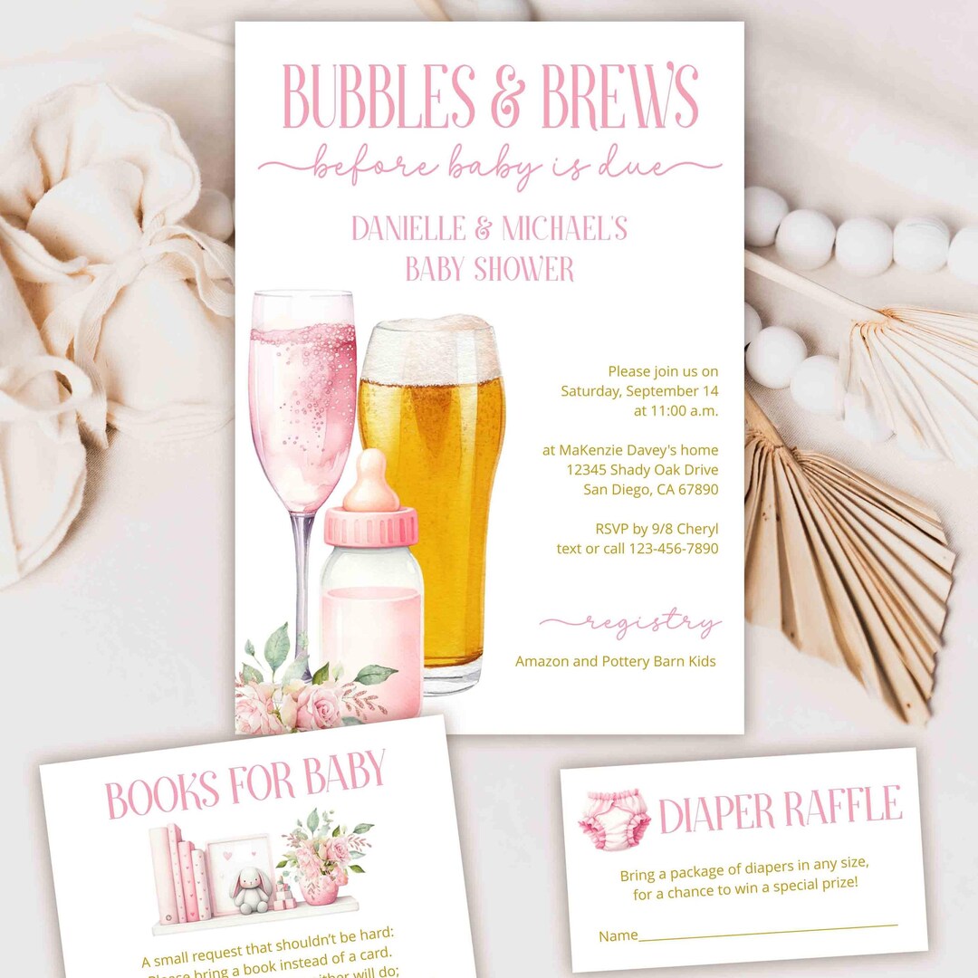Baby Girl Shower Brunch Invitation Bundle, Bubbles and Brews Before ...