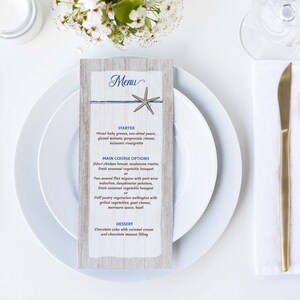 Starfish Dinner Menu, Beach Theme Menu, Destination Wedding Menu, Navy ...
