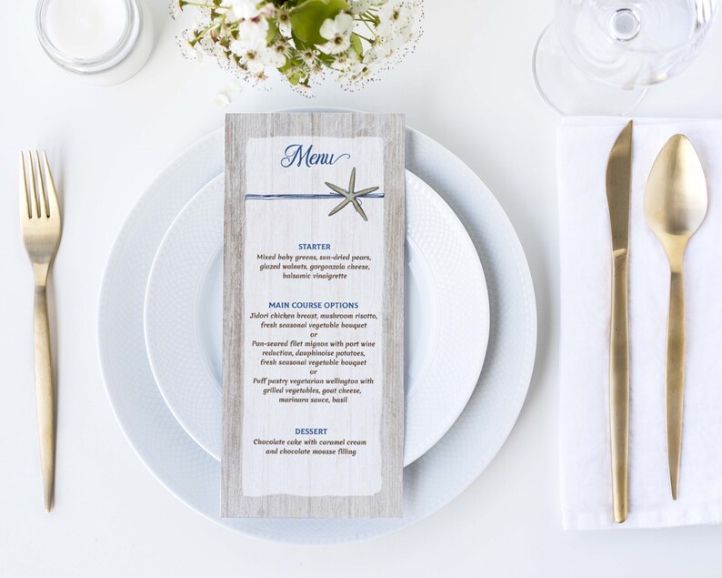 Starfish Dinner Menu, Beach Theme Menu, Destination Wedding Menu, Navy ...