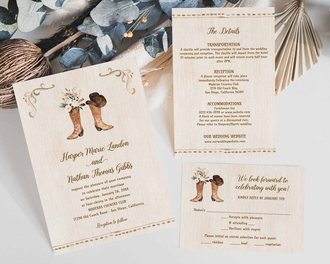 Blush Floral Cowboy Boots Wedding Invitation | Rustic Wedding Invite ...