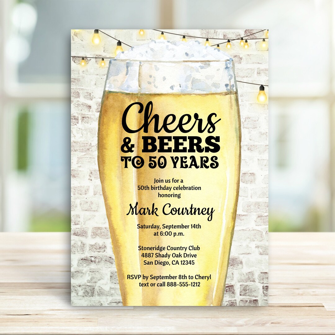 Cheers and Beer Birthday Invitation for Adult Man or Woman, Brewery ...