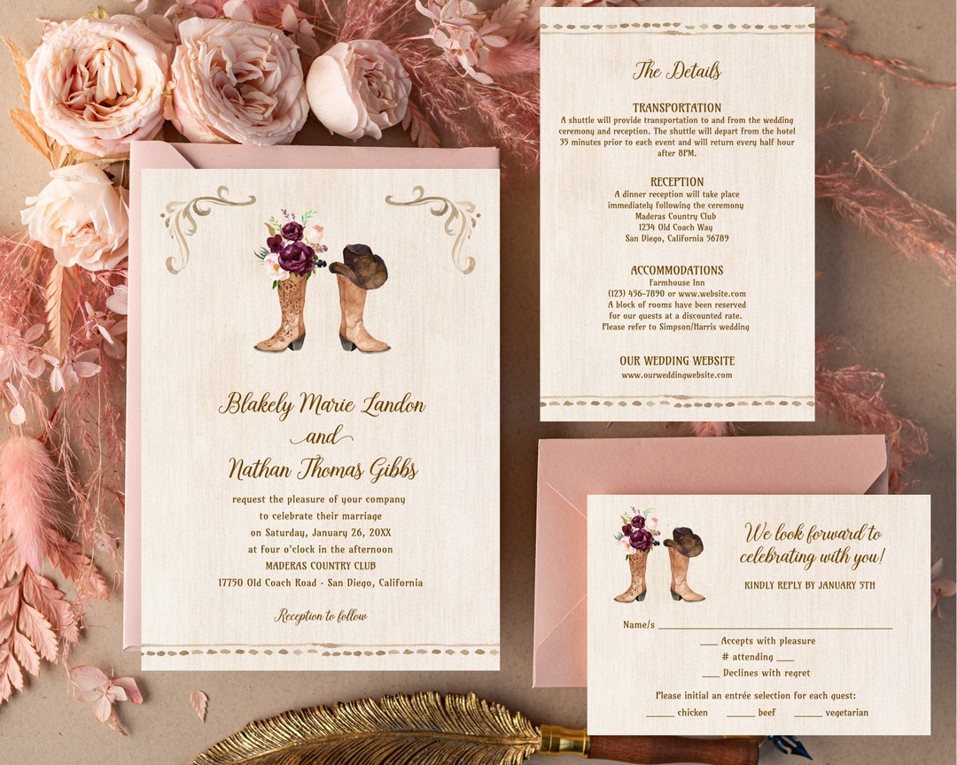 Burgundy Blush Cowboy Boots Wedding Invitation Template, Rustic Country ...