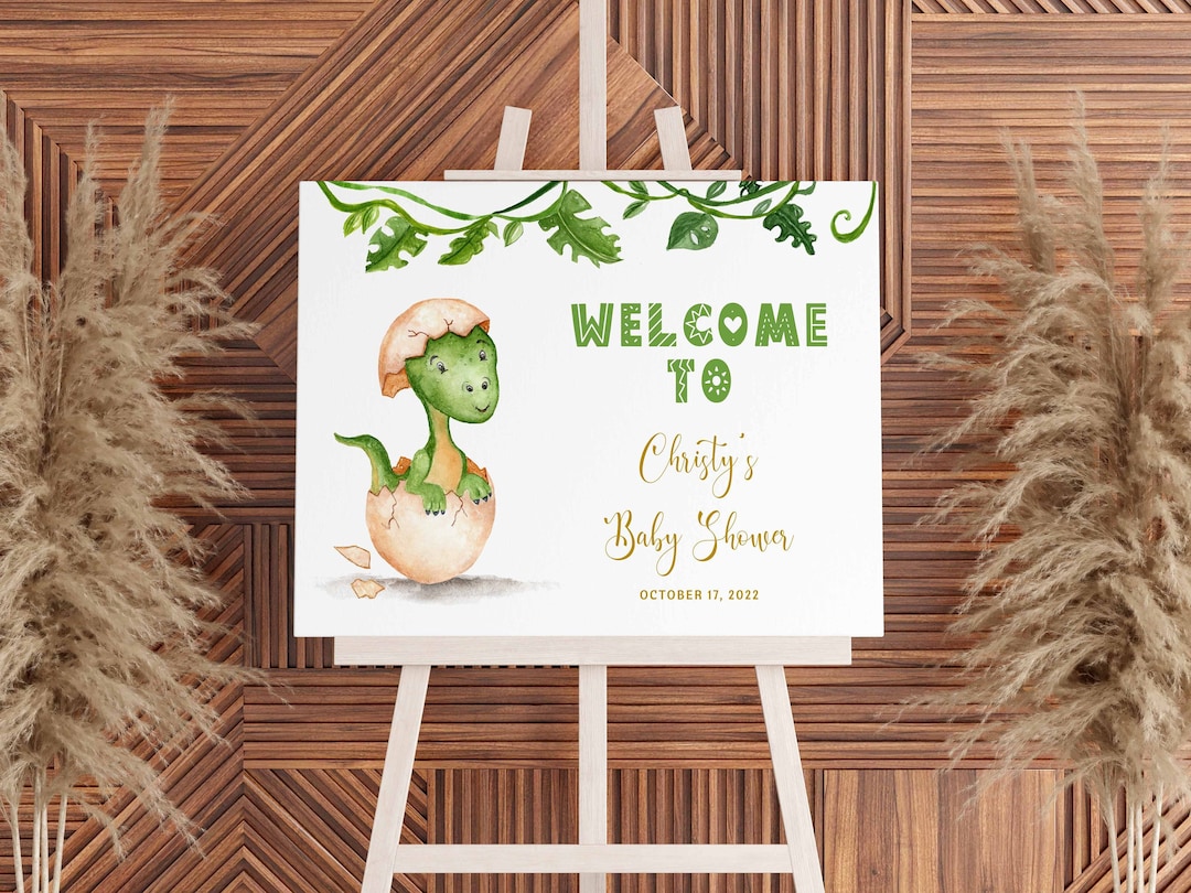 Dinosaur Baby Shower Welcome Sign, Hatching Soon Welcome Poster, Green ...