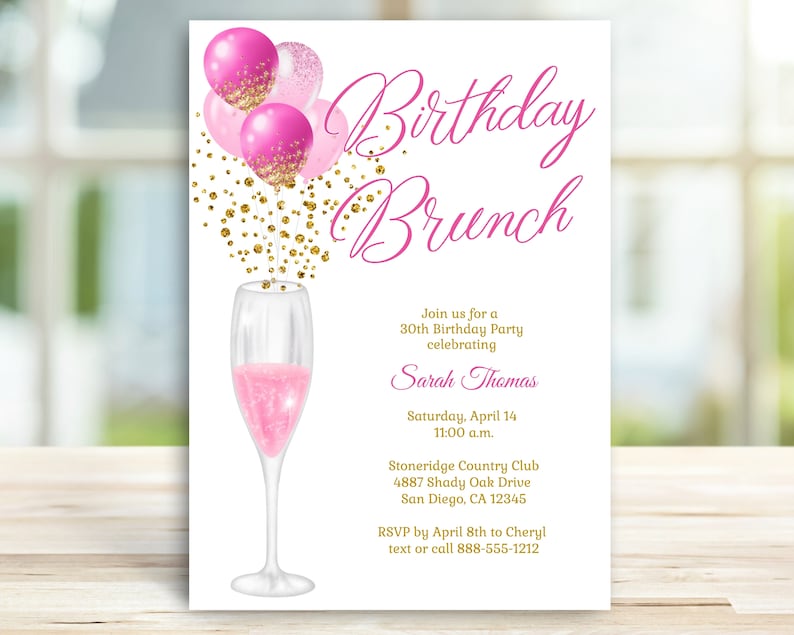 Brunch Birthday Invitation for Women, Brunch and Bubbly Hot Pink Gold ...
