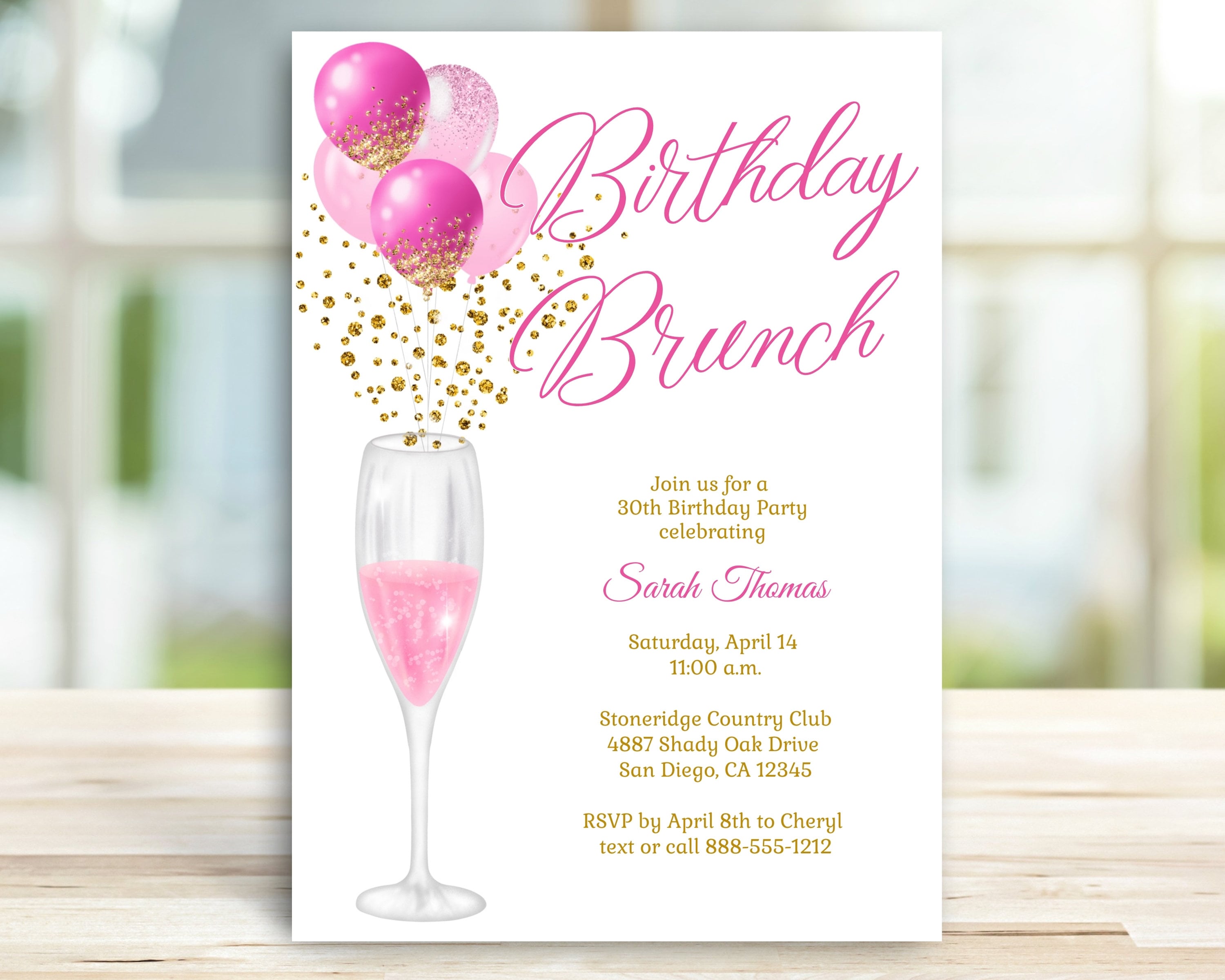 Brunch Birthday Invitation for Women, Brunch and Bubbly Hot Pink Gold ...