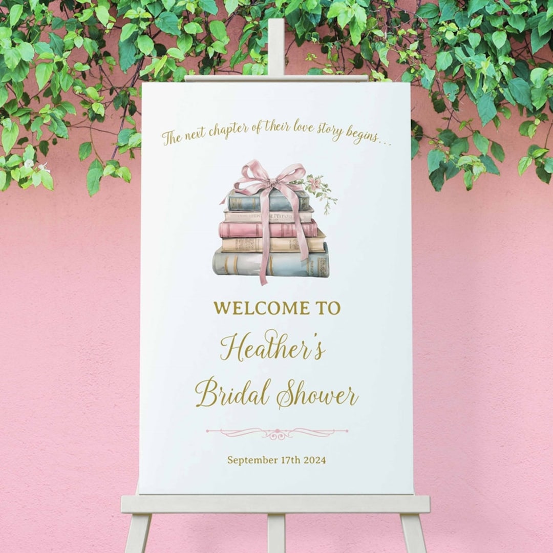 Book Themed Bridal Shower Welcome Sign, Pink Bow Next Chapter, Love ...