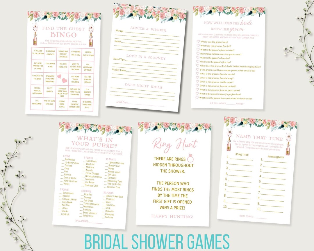 Pink Bridal Shower Games Bundle Set | Blush Floral Champagne Themed ...