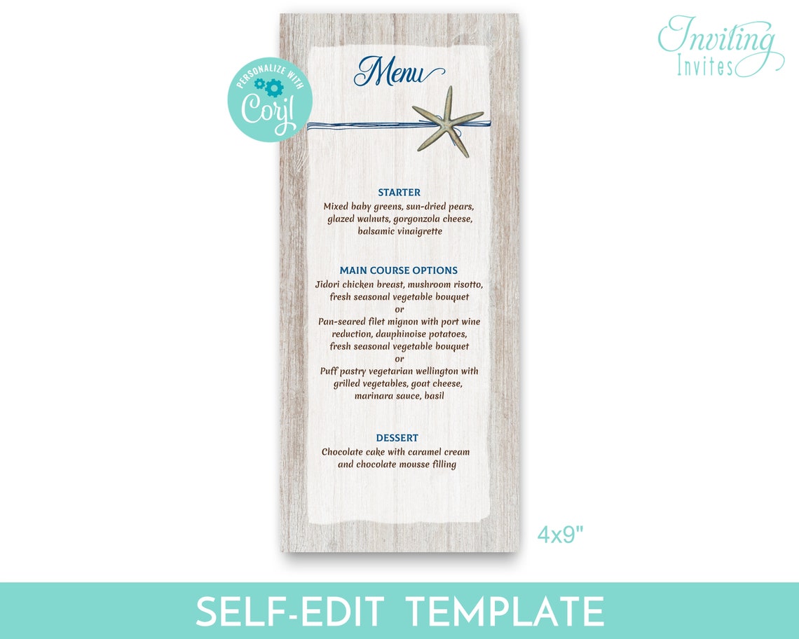 Starfish Dinner Menu, Beach Theme Menu, Destination Wedding Menu, Navy ...