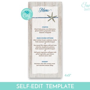 Starfish Dinner Menu, Beach Theme Menu, Destination Wedding Menu, Navy ...