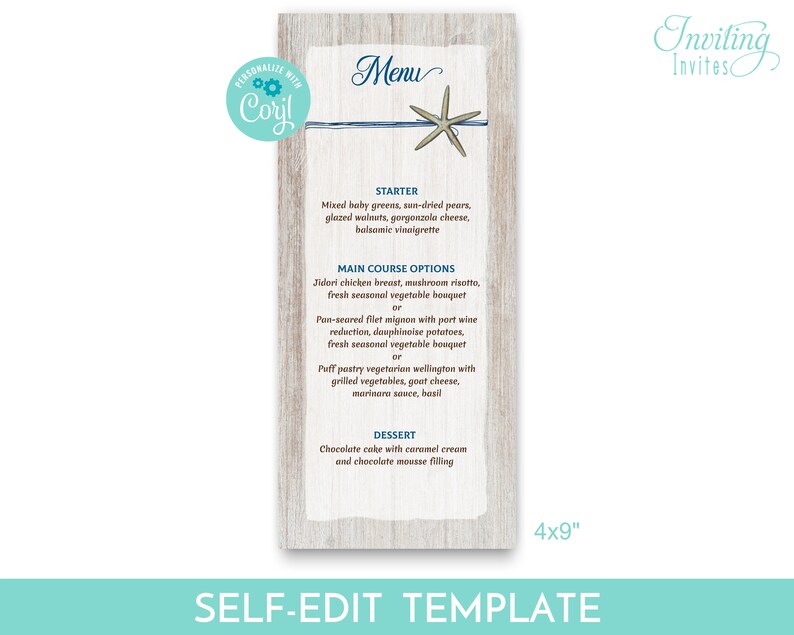 Starfish Dinner Menu, Beach Theme Menu, Destination Wedding Menu, Navy ...