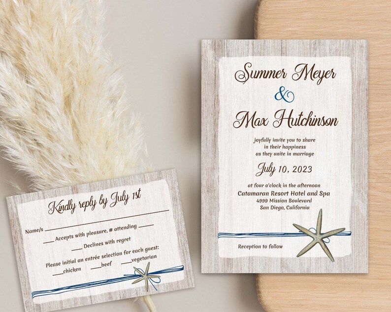 Navy Blue Starfish Wedding Invitation, Destination Beach Wedding Theme ...