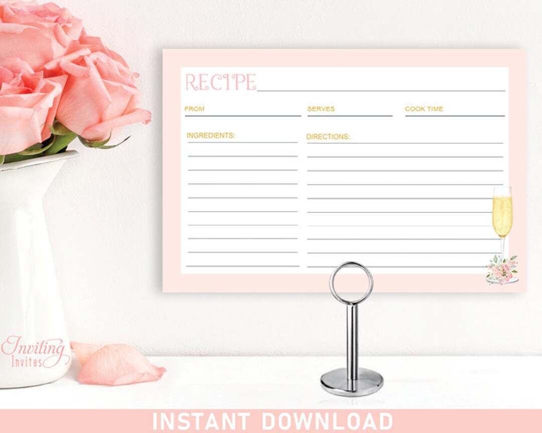 Pink Recipe Card Printable, Pink Floral Bridal Shower, 4x6 Recipe Card ...