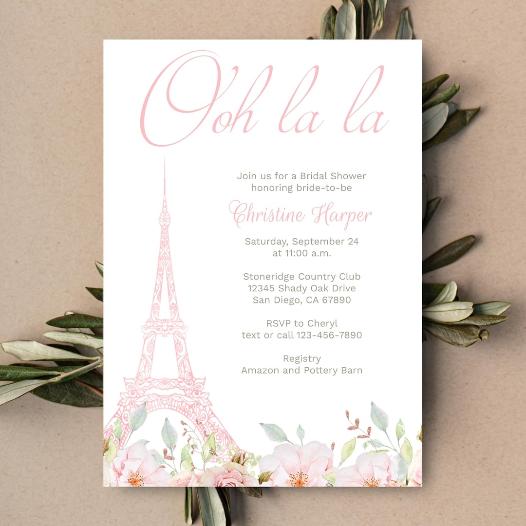 Paris Bridal Shower Invitation, Eiffel Tower Pink Floral Invite, French ...