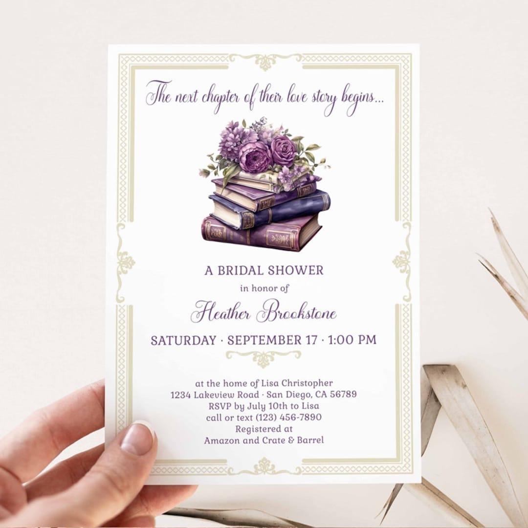 Book Themed Bridal Shower Invitation, Next Chapter, Purple Love Story ...