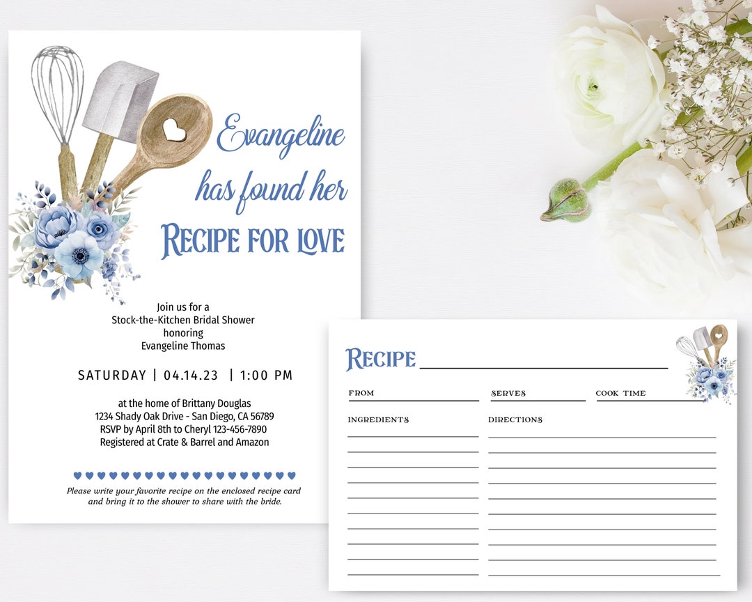 BLUE Recipe for Love Bridal Shower Invitation With Recipe Card, Stock ...