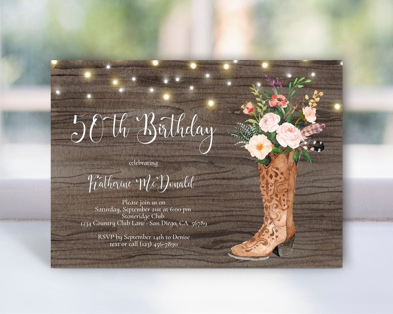 Cowboy Boots Rustic Birthday Invitation for Women Cowgirl - Etsy