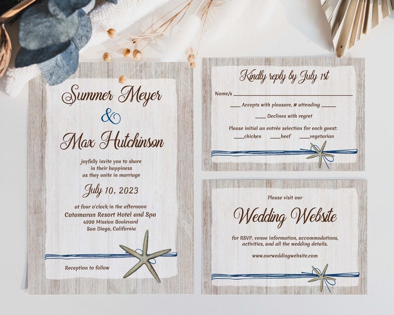 Navy Blue Starfish Wedding Invitation, Destination Beach Wedding Theme ...