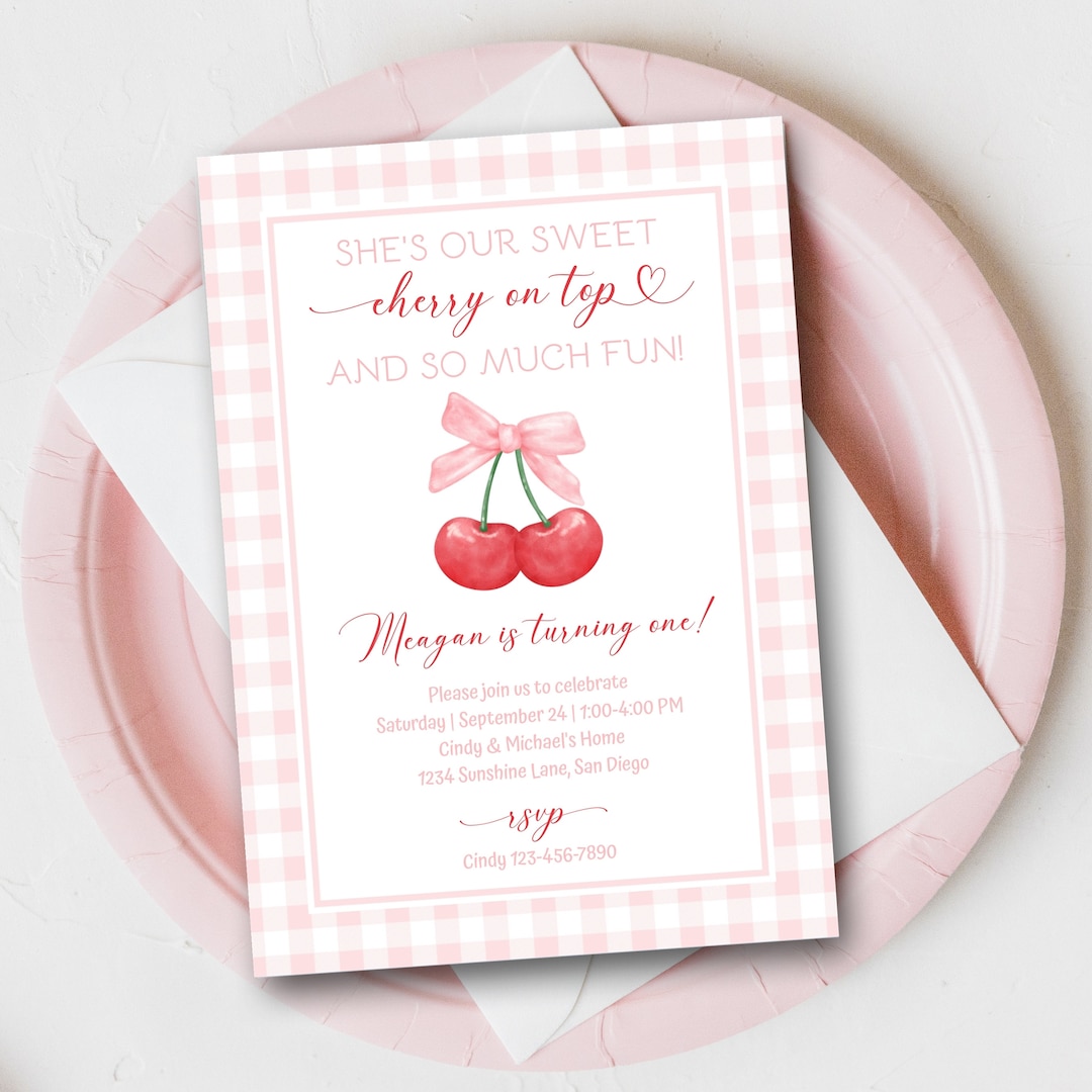Cherry 1st Birthday Invitation Template, Coquette Bow Cherries on Top ...