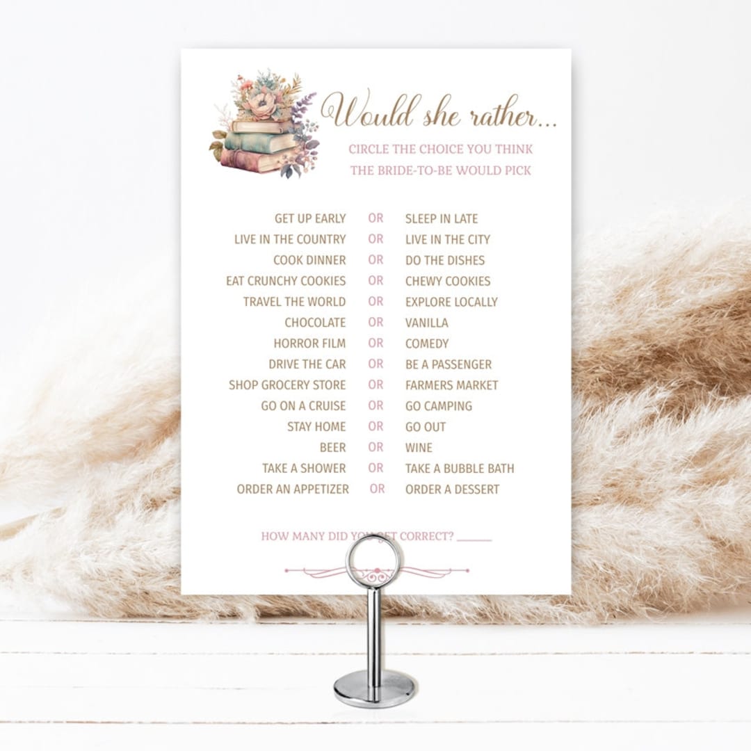 Would She Rather Bridal Shower Game for Book Themed Bridal Shower Game ...