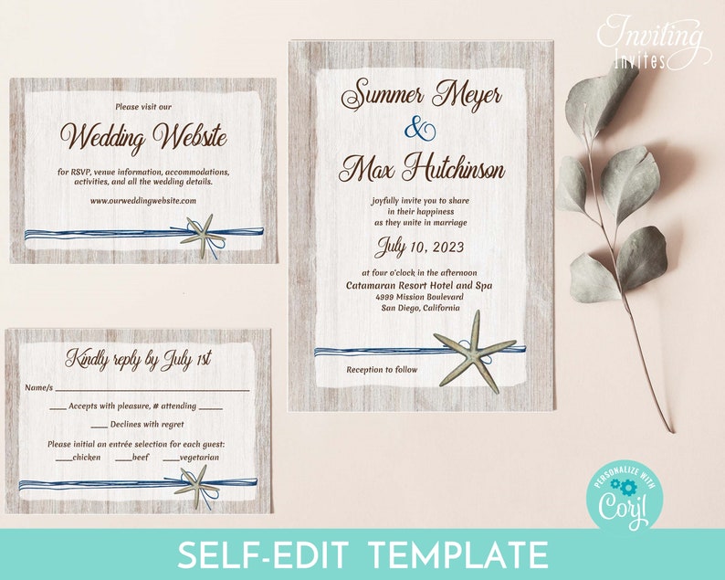 Navy Blue Starfish Wedding Invitation, Destination Beach Wedding Theme ...