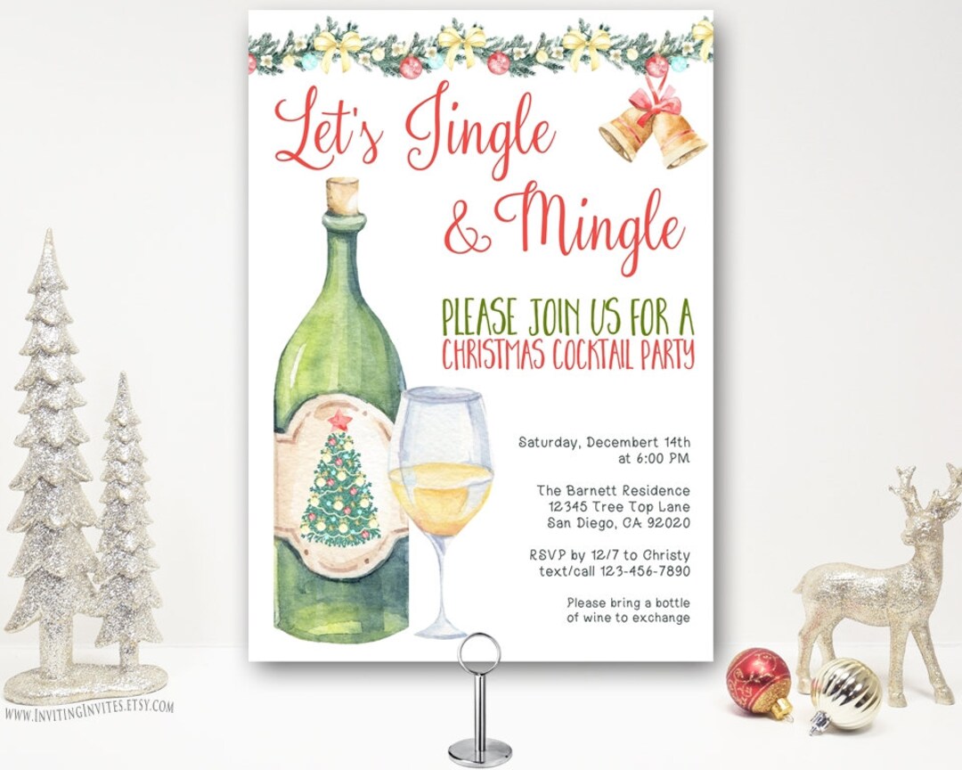 Jingle and Mingle Christmas Party Invitation, Wine Cocktail Holiday ...
