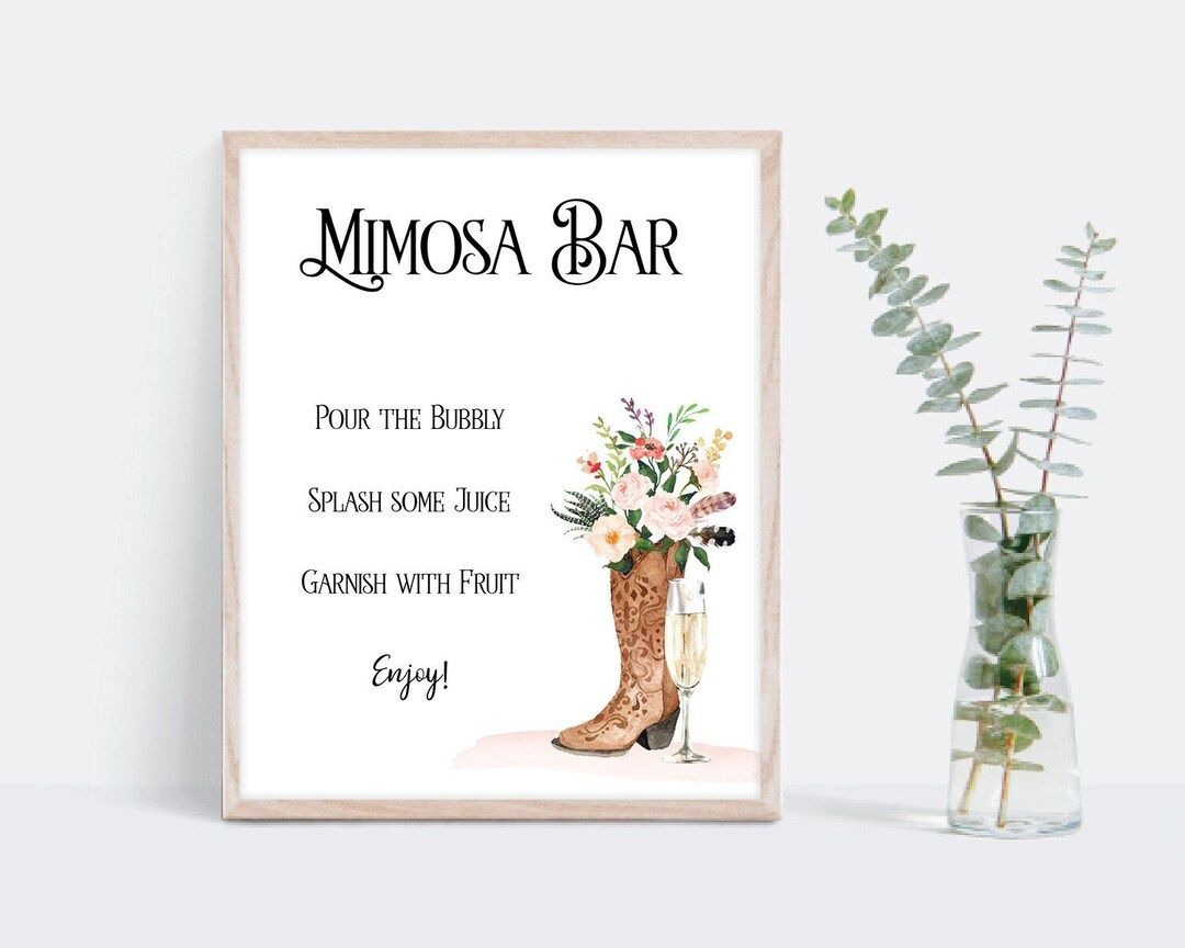 Mimosa Bar Sign 8x10", Pink Floral, Blush Pink Cowboy Boots, Western ...