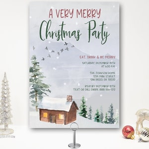 Woodland Cabin Christmas Party Invitation, Rustic Country Holiday Party ...