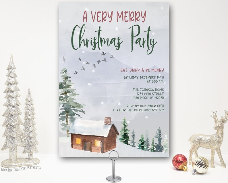 Woodland Cabin Christmas Party Invitation, Rustic Country Holiday Party ...