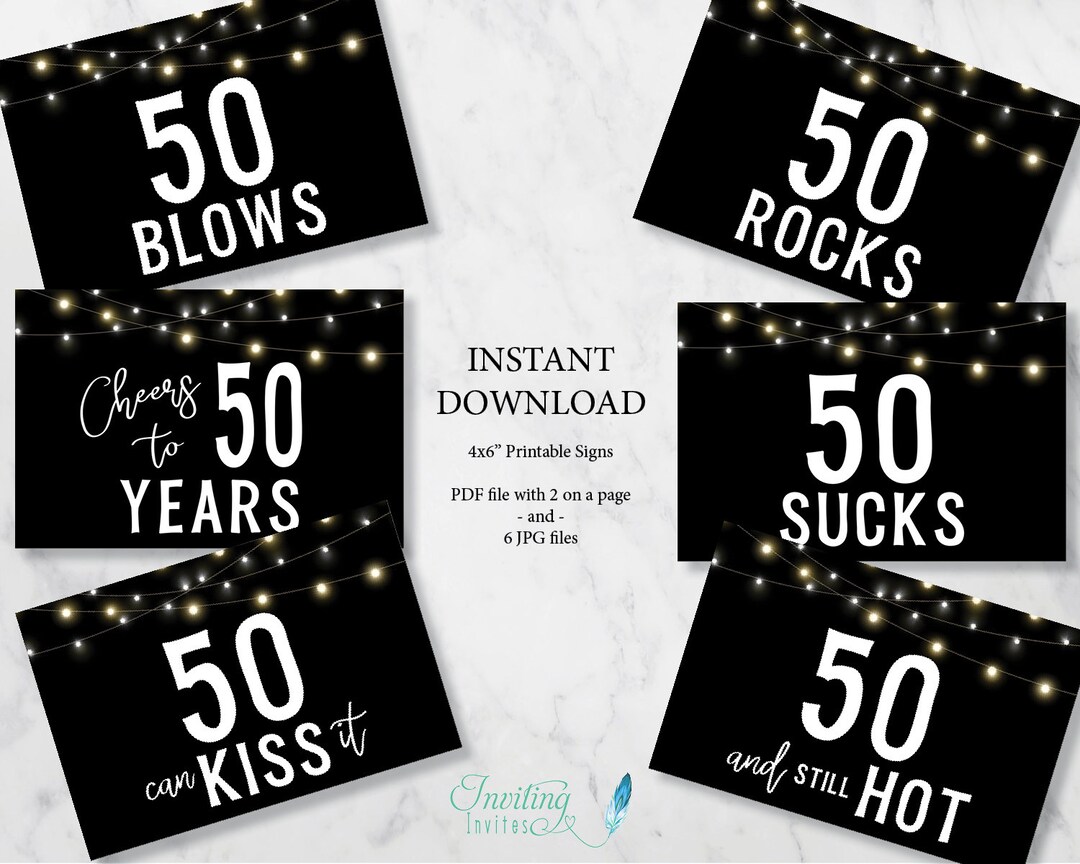 50th Birthday Signs 4x6" Black and White String Lights Cheers to 50 ...