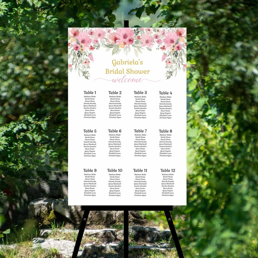 Bridal Shower Seating Chart, Wedding Seating Chart, Pink Floral Flowers ...