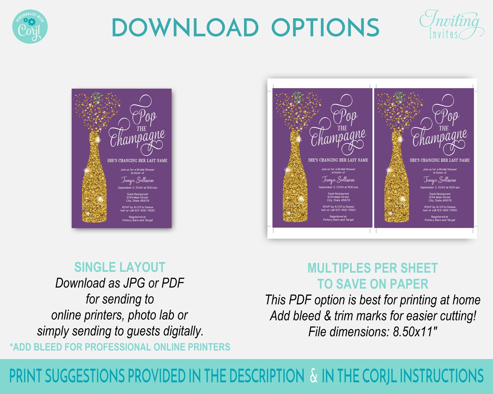 Purple Gold Pop the Champagne Bridal Shower Invitation, She's Changing ...